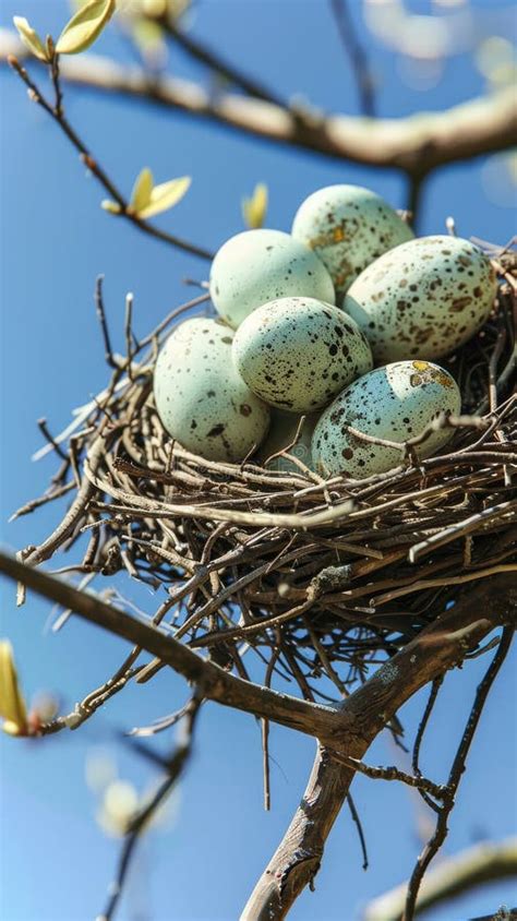 Speckled Bird Eggs In A Nest On A Tree Branch Close Up Nature And