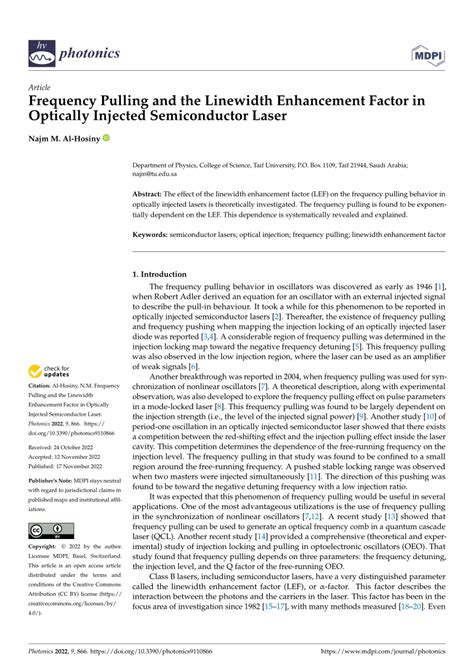 Pdf Frequency Pulling And The Linewidth Enhancement Factor In Optically Injected Semiconductor
