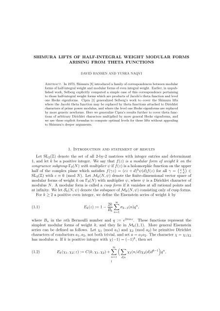Shimura Lifts Of Half Integral Weight Modular Forms Department Of