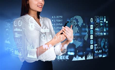 Businesswoman With Smartphone In Hands Big Business Data Hud Hologram Stock Image Image Of