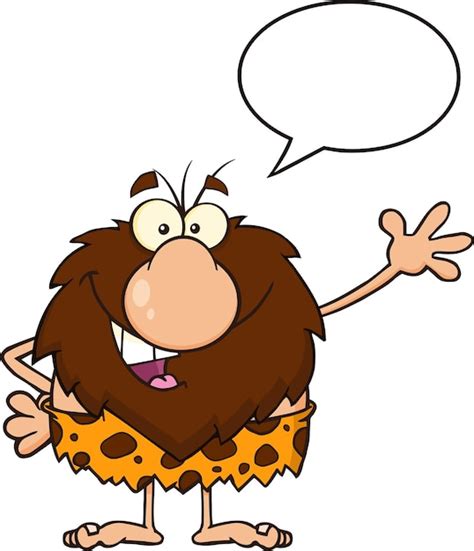 행복 한 남성 원시인 만화 마스코트 캐릭터 이야기 하 고 흔들며 벡터 일러스트 레이 션 프리미엄 벡터