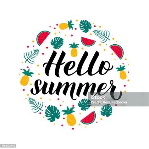 수박 파인애플 야자수 잎을 곁들인 여름 서예 레터링 계절 타이포그래피 포스터 손으로 쓴 기호 디자인 Tshot 전단지 스티커 배너를위한 벡터 템플릿을 쉽게 편집 할 수