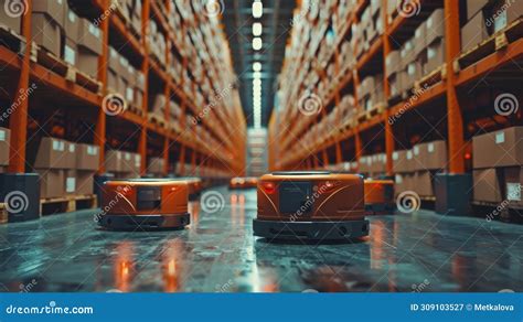 Software Robots Performing Tasks In A Warehouse With Endless Pallets Of Boxes And Storage An