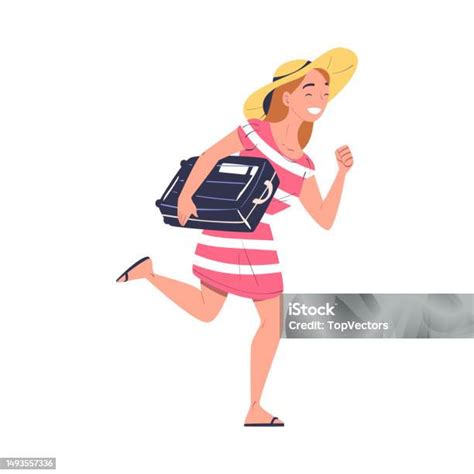 여행 가방을 들고 모자를 쓴 여자 캐릭터는 여행 벡터 일러스트레이션을 가지고 여름 휴가를 간다 가방에 대한 스톡 벡터 아트 및
