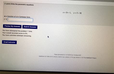 Solved Write The Parametric Equations X 3t 1 Y 3 5t