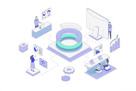 웹용 아웃라인 아이소메트리 디자인의 데이터 분석 아이소메트릭 개념 다이어그램과 차트를 공부하고 재무 보고서에 대한 통계를 조사하고 그래프 대시보드를 분석하는 사람들 벡터