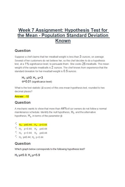 Math 225n Week 7 Assignment Hypothesis Test For The Mean Population Standard Deviation Known