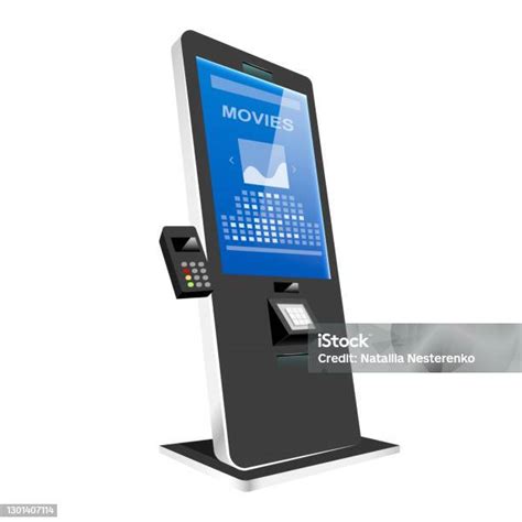 터미널 사실적인 벡터 일러스트가 있는 티켓 키오스크 시네마 셀프 서비스는 평평한 색상 객체를 서 있습니다 흰색 배경에 격리 된