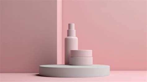 미용 화장품 및 스킨케어 포장 모형을 특징으로 하는 분홍색 받침대 및 배경의 3d 렌더링 제품 모형 화장품 스킨 케어 제품