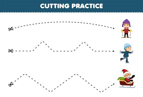 귀여운 만화 산타 소년이 스키와 아이스 스케이팅 사진을 인쇄할 수 있는 겨울 워크시트로 연습하는 어린이를 위한 교육 게임