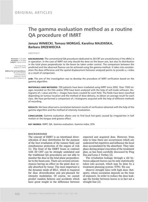 Pdf The Gamma Evaluation Method As A Routine Qa Procedure Of Imrt