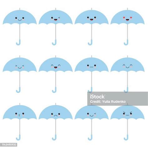 다른 감정 흰색 배경에 고립 된 만화 벡터 일러스트 레이 션을 보여주는 인간의 얼굴과 귀 엽 고 재미 우산 문자 귀여운 스타일