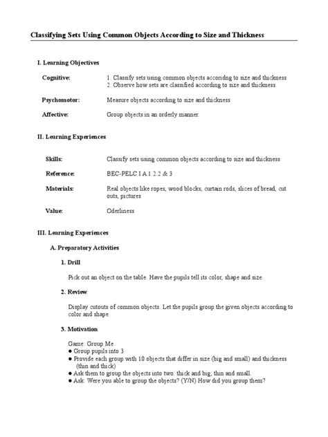 Classifying Sets Using Common Objects According To Size And Thickness Pdf Neuropsychology
