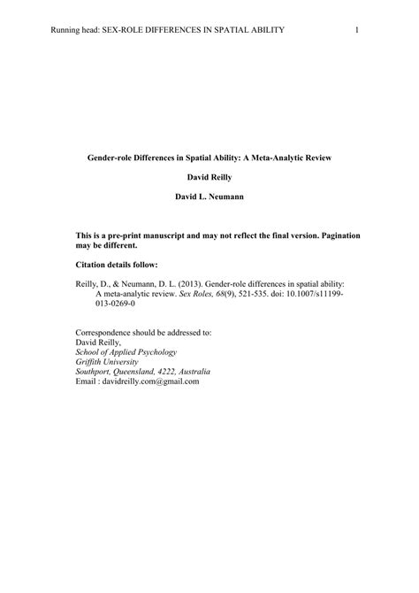Pdf Gender Role Differences In Spatial Ability A Meta Analytic Review