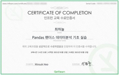 Pandas 팬더스 데이터분석 기초 실습 수료증