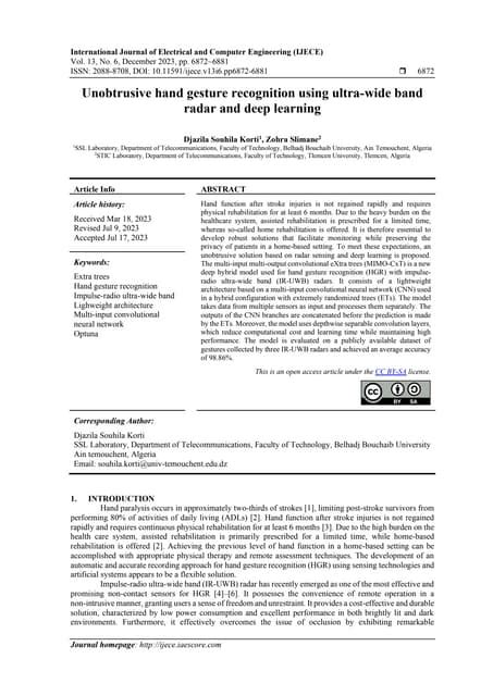 Unobtrusive Hand Gesture Recognition Using Ultra Wide Band Radar And Deep Learning Pdf