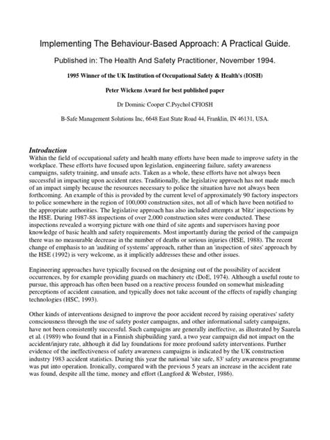 Pdf Implementing Behavior Based Safety A Practical Guide Dokumen Tips
