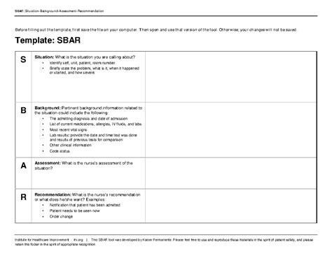 Sbar Communication Template For Patient Safety Ihi Studocu