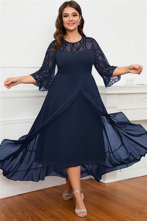 Flycurvy Plus Size Formal Navy Blue Lace Asymmetrical Hem Double Layer