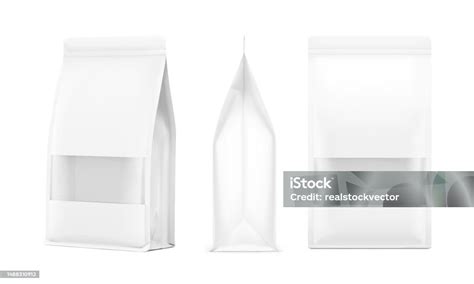 하이퍼 현실적인 거싯 포장 가방 모형 3 측면도 스탠드업 파우치에 대한 스톡 벡터 아트 및 기타 이미지 스탠드업 파우치 형판 3차원 형태 Istock