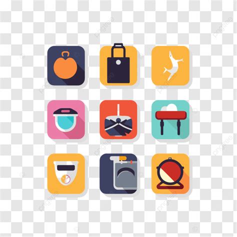 다양한 색상의 다양한 항목이 포함된 평면 아이콘 벡터 흰색 배경에 일상의 단순한 다채로운 아이콘 그림자 없음 작은 프레임 중앙 Png 일러스트 및 벡터 에 대한 무료