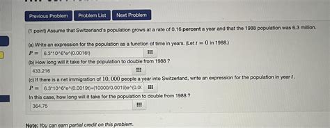 Solved 1 Point Assume That Switzerlands Population Grows