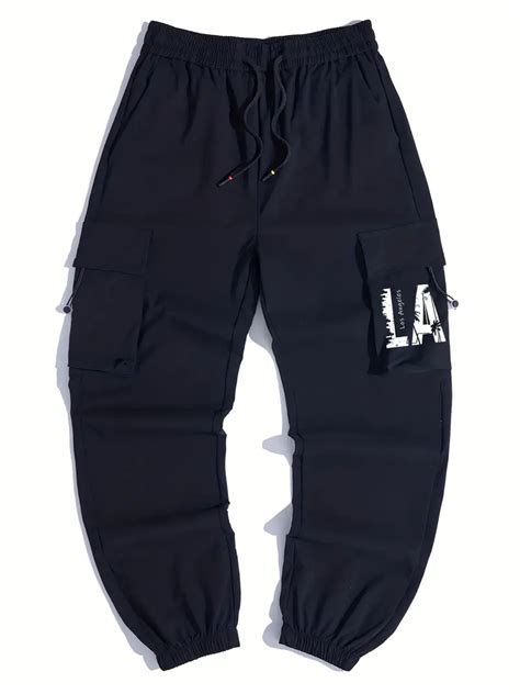 La Print Mens Drawstring Flap Pocket Cargo Pants Loose Temu