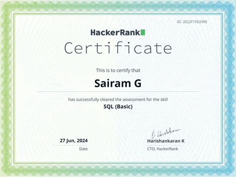 i m happy to share that i ve obtained a new certification sql basic from hackerrank g sai ram