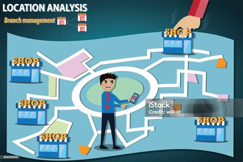 사업 개념 사업 관리를 위한 위치 분석 응용 프로그램을 사용 그의 분기벡터 일러스트 레이 션 개념에 대한 스톡 벡터 아트 및 기타 이미지 Istock
