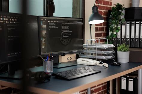 Free Photo Desk With Multiple Computer Monitors Displaying Parsing Code And Programming