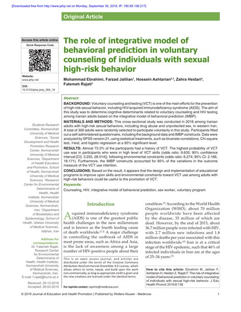 PDF The Role Of Integrative Model Of Behavioral Prediction In Voluntary Counseling Of