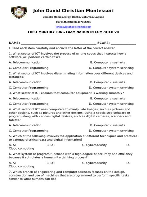 First Monthly Long Examination In Computer Vii Pdf Computing