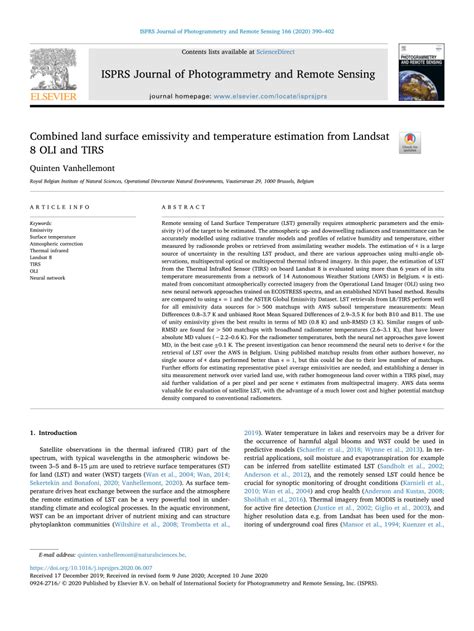 Pdf Combined Land Surface Emissivity And Temperature Estimation From Landsat 8 Oli And Tirs