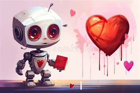 Cute Little Robot On Valentines Day Ai Generated Stock Illustration