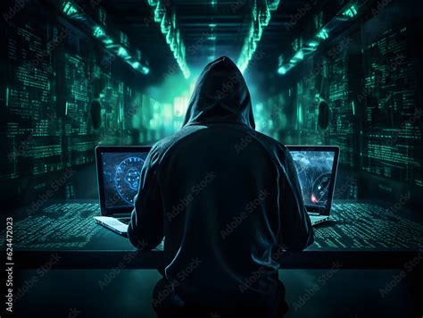 Cyber Security Concept Cyber Crime Hacker With Laptop Abstract Binary Code Digital Interface