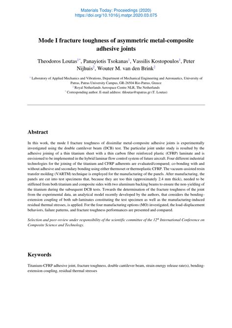 Pdf Mode I Fracture Toughness Of Asymmetric Metal Composite Adhesive Joints