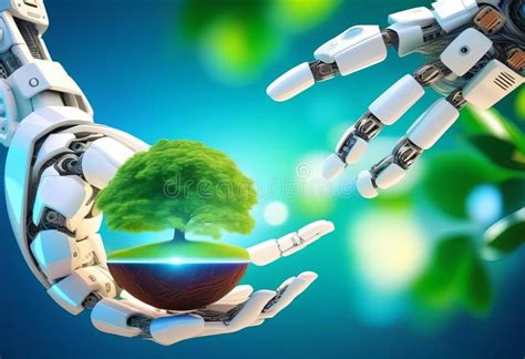 Robot Hand Holding Tree On Digital Ball With Technological Stock Illustration Illustration Of