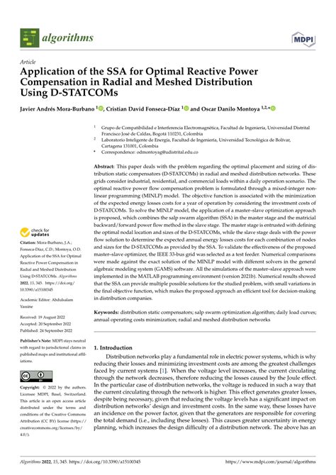 Pdf Application Of The Ssa For Optimal Reactive Power Compensation In Radial And Meshed
