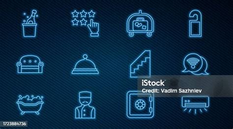세트 라인 에어컨 Wifi 무선 인터넷 호텔 수하물 카트 음식 트레이 소파 병 샴페인 계단 및 별 등급 아이콘으로 덮여 있습니다 벡터 1위에 대한 스톡 벡터 아트 및 기타