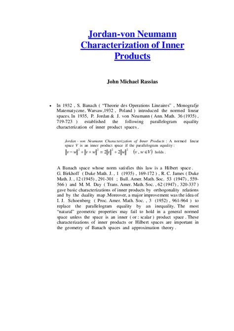 Pdf Jordan Von Neumann Characterization Of Inner Products