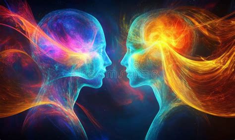 Two Glowing Human Silhouettes Facing Each Other Surrounded By Swirling Energy Waves In Vibrant