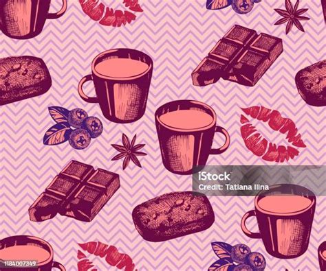커피 초콜릿 쿠키한 잔의 매끄러운 패턴 손으로 그리기 장식 배경입니다 벡터 패턴입니다 섬유 천 벽지 스크랩북 인쇄 과일에 대한 스톡 벡터 아트 및 기타 이미지 Istock