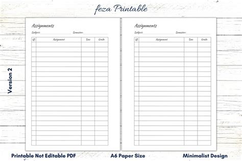 A6 Assignment Tracker Printable Assignment Planner Assignment Tracker