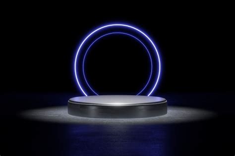 블루 네온 라이트 제품 배경 무대 또는 빛 스포트라이트와 빈 디스플레이 플랫폼 그런지 거리 바닥에 연단 받침대 3d 일러스트 렌더링 배경 주제에 대한 스톡 사진 및 기타