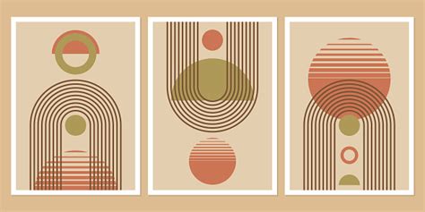 아치와 원이있는 추상적 인 기하학적 예술 현대 보호 배경 라인 아크 모양 태양 디자인 현대 인쇄물 벽 장식을위한 포스터 벡터 일러스트레이션 0명에 대한 스톡 벡터 아트 및