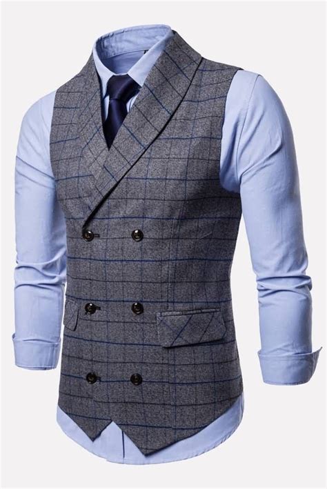 Men Gray Plaid Print Shawl Collar Double Breasted Pointed Hem Basic