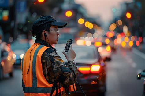 traffic controller managing evening rush hour with communication device