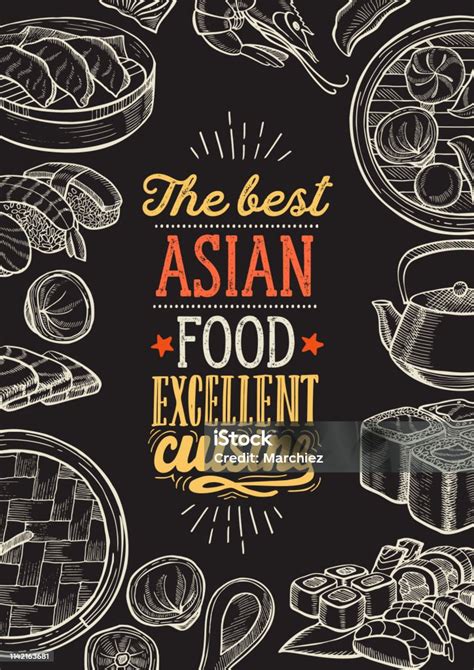 아시아 일러스트초밥 딤섬 국수 교자 중 식 레스토랑 벡터 손으로 그린 일본 카페와 바 포스터 레터링과 낙서 빈티지 그래픽 디자인 배경 주제에 대한 스톡 벡터 아트 및 기타
