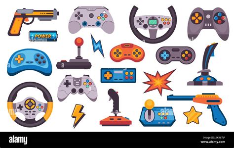 Console Gamepad Modern Video Game Controller Joystick Gun Wheel Cartoon Icons Retro Flat Wired