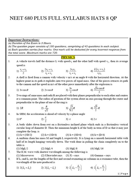 Neet 680 Plus Full Syllabus Hats 8 Qp Pdf Electron Gases